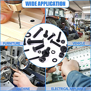 Glarks 665Pcs Alloy Steel Flat Head Machine Screws Bolts Nuts and Flat Gasket Spring Washers Assortment Set, Fully Threaded, Black Oxide Finish