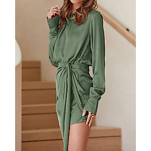 BTFBM Women Casual Long Sleeve Ruched Wrap Dress Crew Neck Tie Waist Short Dress Solid Color Mini Dress Satin Cocktail Dress(Solid Army Green,Large)