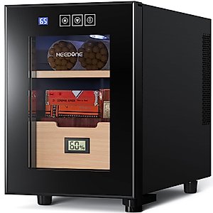 NEEDONE Humidor 16L, Electric Cooler Humidors for 100 Counts, Electronic Cabinet with Cooling Control, Spanish Cedar Wood Drawer Shelves, Digital Hygrometer Displays, Gift for Men
