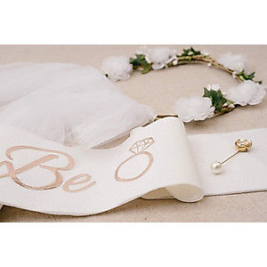 PapaKit Premium Bride to Be Party Sash, Floral Veil & Jewelry Pin Set, Glitter Sparkling Pearl White | Bachelorette Bridal Shower Engagement Wedding Party Favor Gift Decoration Supply