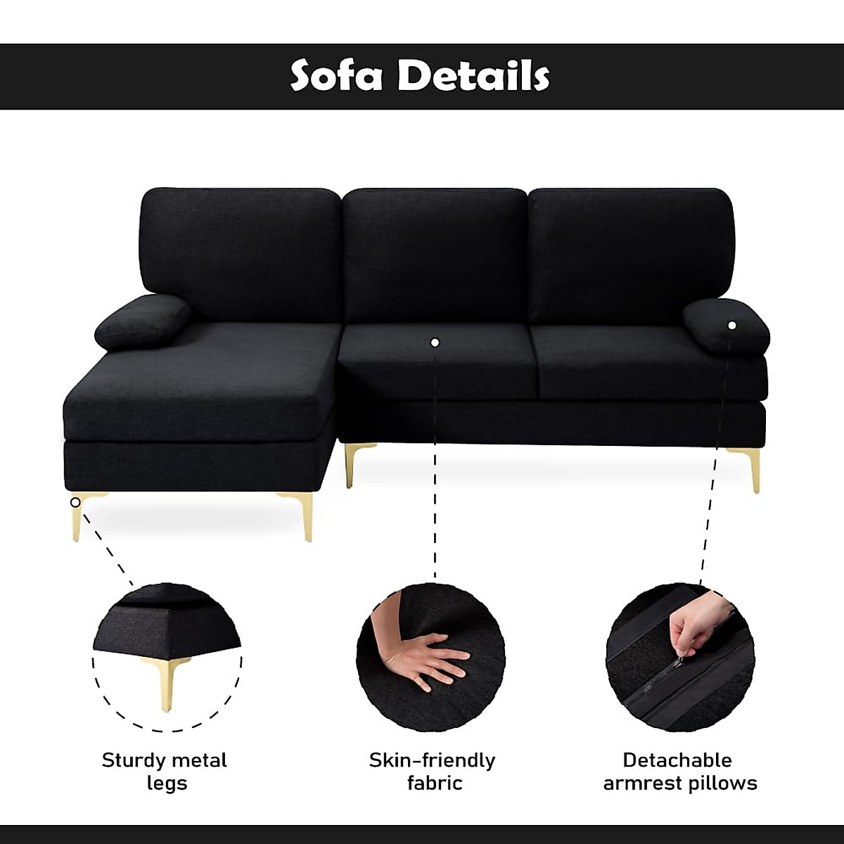 KoiHome 79.5" Left Hand Facing Sectional Sofa Couch with 2 Detachable Armrest Pillows, Modern Fabric 3-seater L Shape Chaise with Gold Metal Legs for Living Room,Apartment,Office, Polyester, Black
