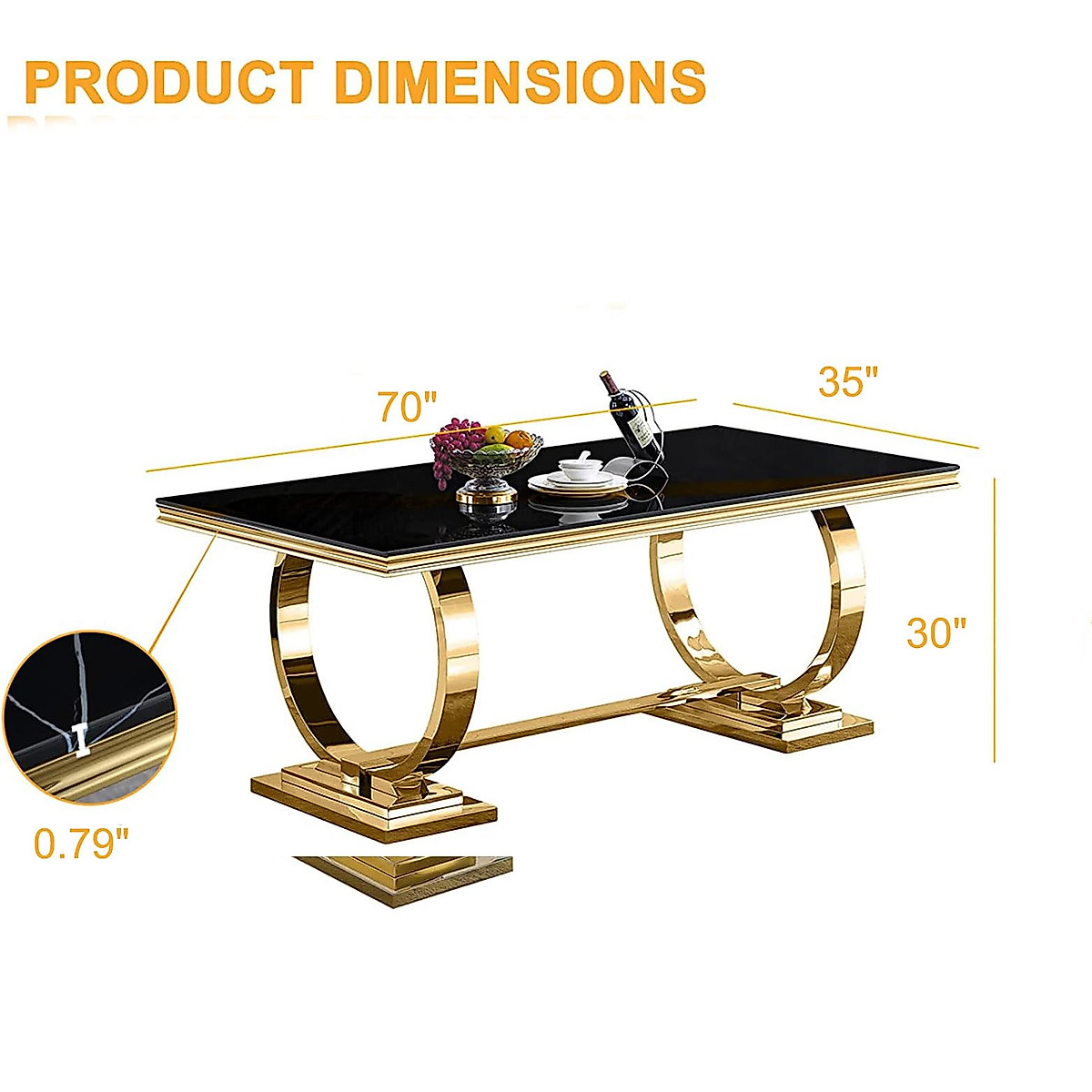 70" Marble Dining Table for 6-8, Luxury Gold Kitchen Table, Mid-Century Modern Black Fuax Marble Dining Room Table with Stainless Steel Pedestal, Large Dining Table for Kitchen Dining Office