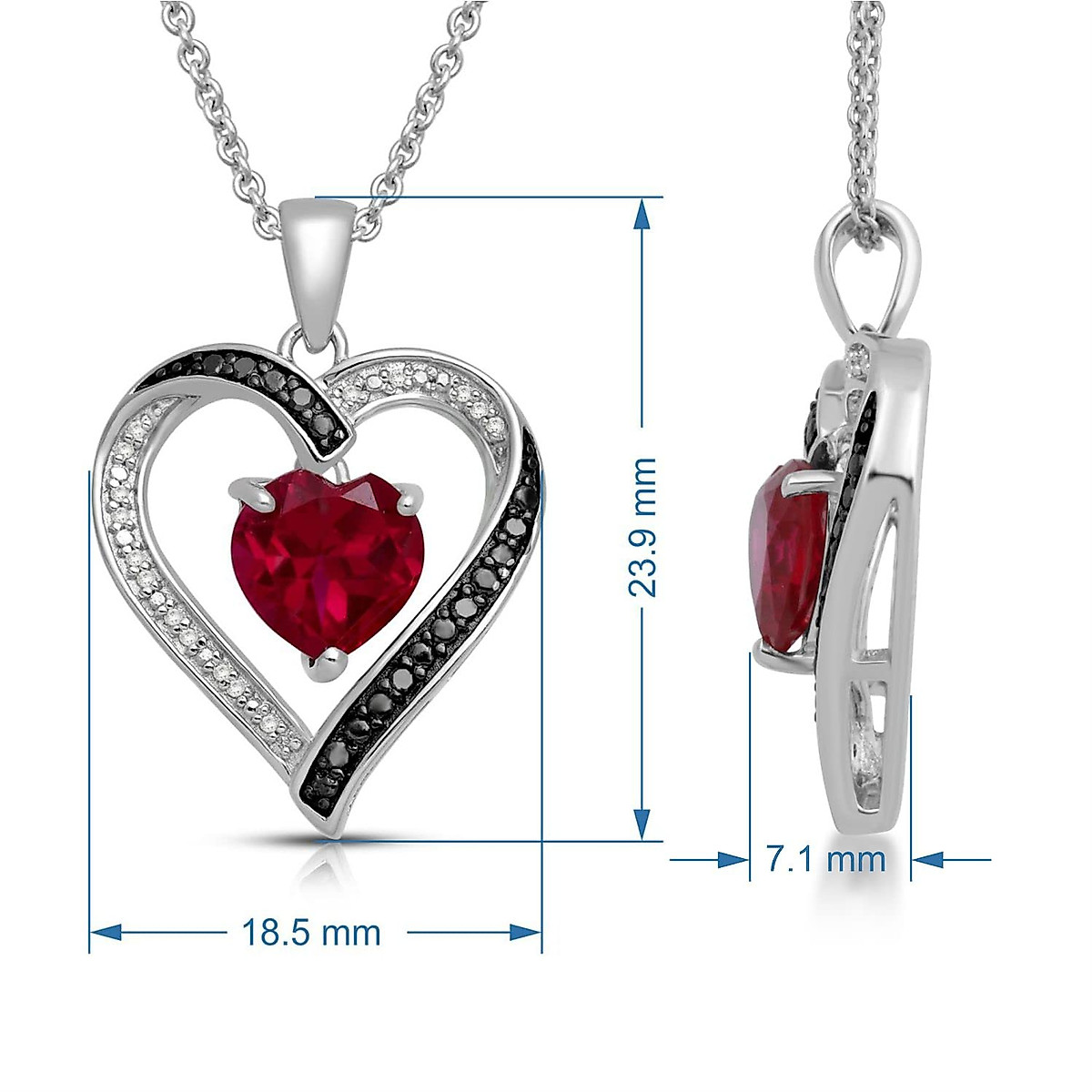 Jewelili Sterling Silver Pendant Necklace with 8mm Heart Created Ruby and Treated Black & Natural White Round Diamonds, 1/10 cttw, 18" Rolo Chain