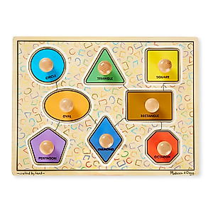 Melissa & Doug Deluxe Jumbo Knob Wooden Puzzle - Geometric Shapes (8 pcs) - Wooden Peg Chunky Baby Puzzle, Preschool Learning Puzzle, Wooden Puzzle Board For Toddlers Ages 1+