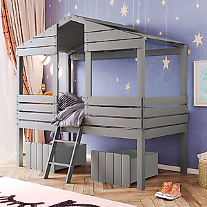 Harper & Bright Designs Low Loft House Bed with Storage, Wood Twin Size Loft Bed Frame with Two Drawers, Ladder, Roof, Windows for Kids Teens, Girls, Boys, No Box Spring Needed (Grey)