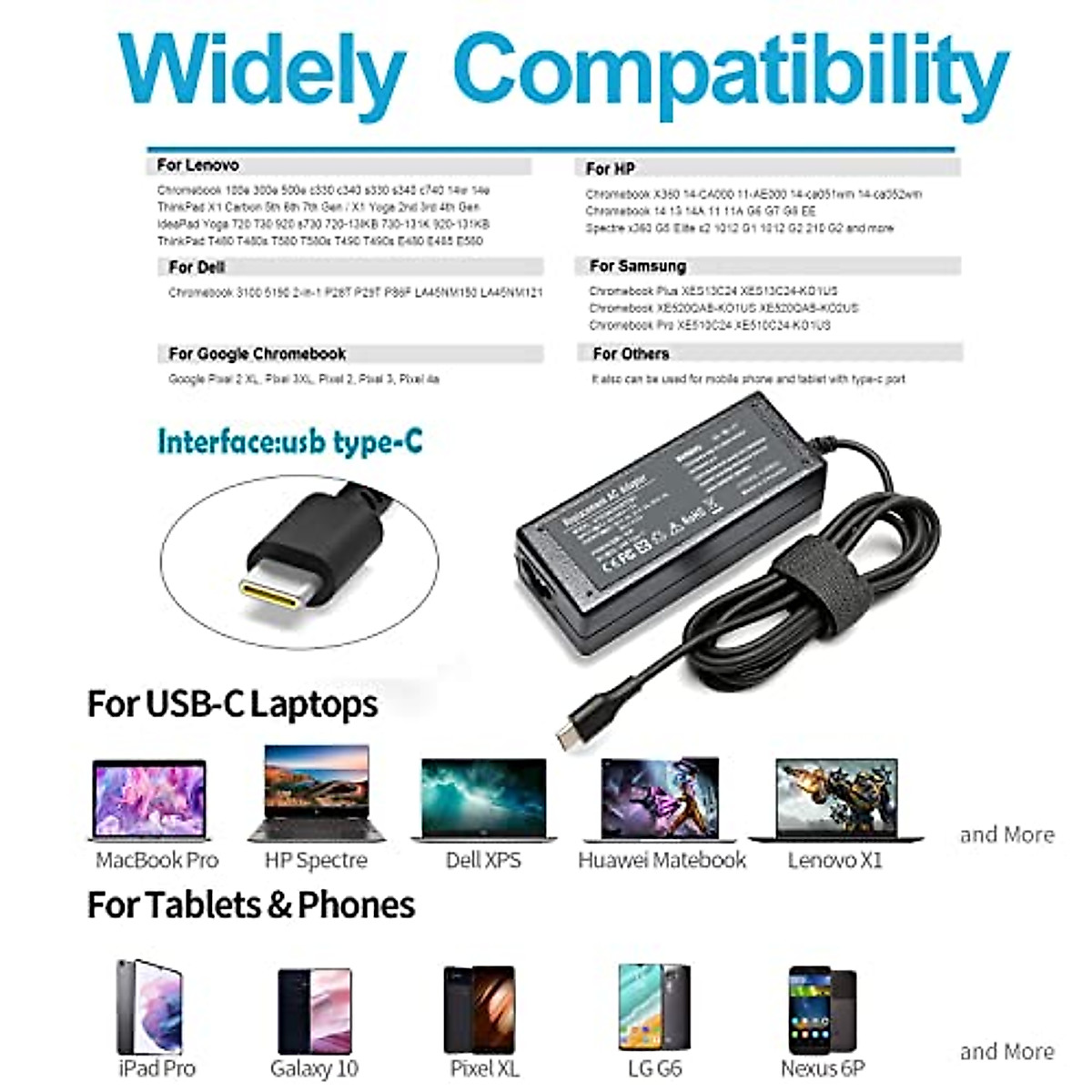 45W USB C Laptop Charger for Acer Chromebook Charger R13 11 13 15 311 315 CP311 CP713 C933 CB5-312T R751T SF713 SP714 N17Q5 N16Q14 N16Q12 N18Q1 N15Q13 PA-1450-78 A16-045N1A AC Adapter Power Cord