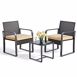 Gizoon 3 Pieces Patio Bistro Sets, Outdoor Rattan Conversation with Glass Table, Wicker Furniture Set with Cushion, for Backyard, Porch, Poolside, Lawn, Beige
