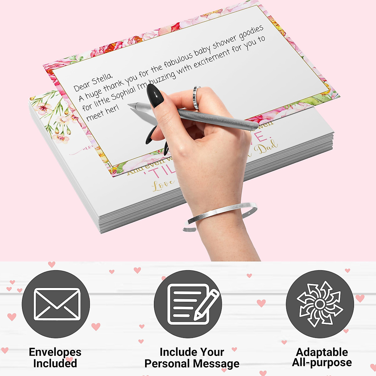 Cottage Floral Baby Shower Thank You Cards with Envelopes Blank Notes Prefilled Message Girls, Personalize for Registry Gifts Cute Pink and Gold Notecard Set 4x6 Stationery, 15 Pack