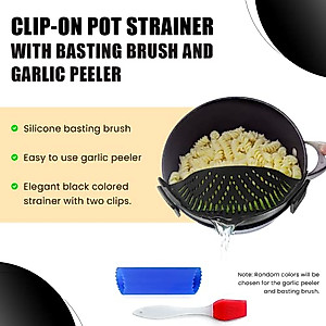 Clip On Kitchen Food Strainer for Spaghetti, Meat, Pasta, & Ground Beef Grease, Colander & Sieve Snaps or Clips Onto Bowls, Pots & Pans Includes Silicone Drainer, Brush & Garlic Peeler (Black)