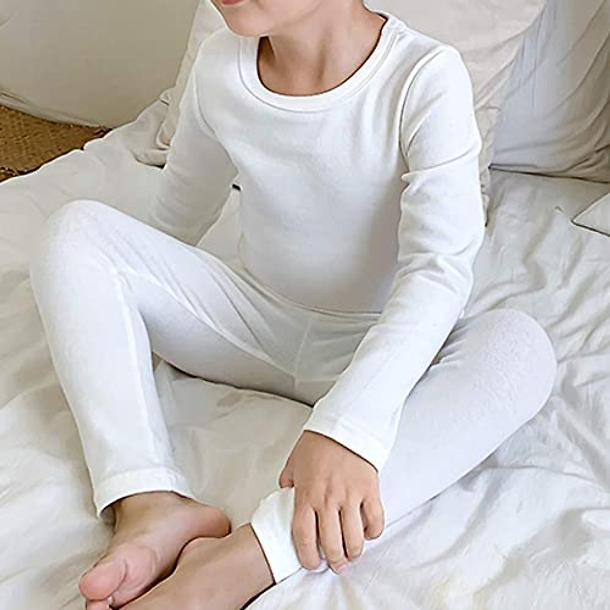 KISBINI Toddler Girls Boys Pajamas Basic Solid Color Cotton Sleepwear Soft Long Sleeve Pjs 2pcs Set White