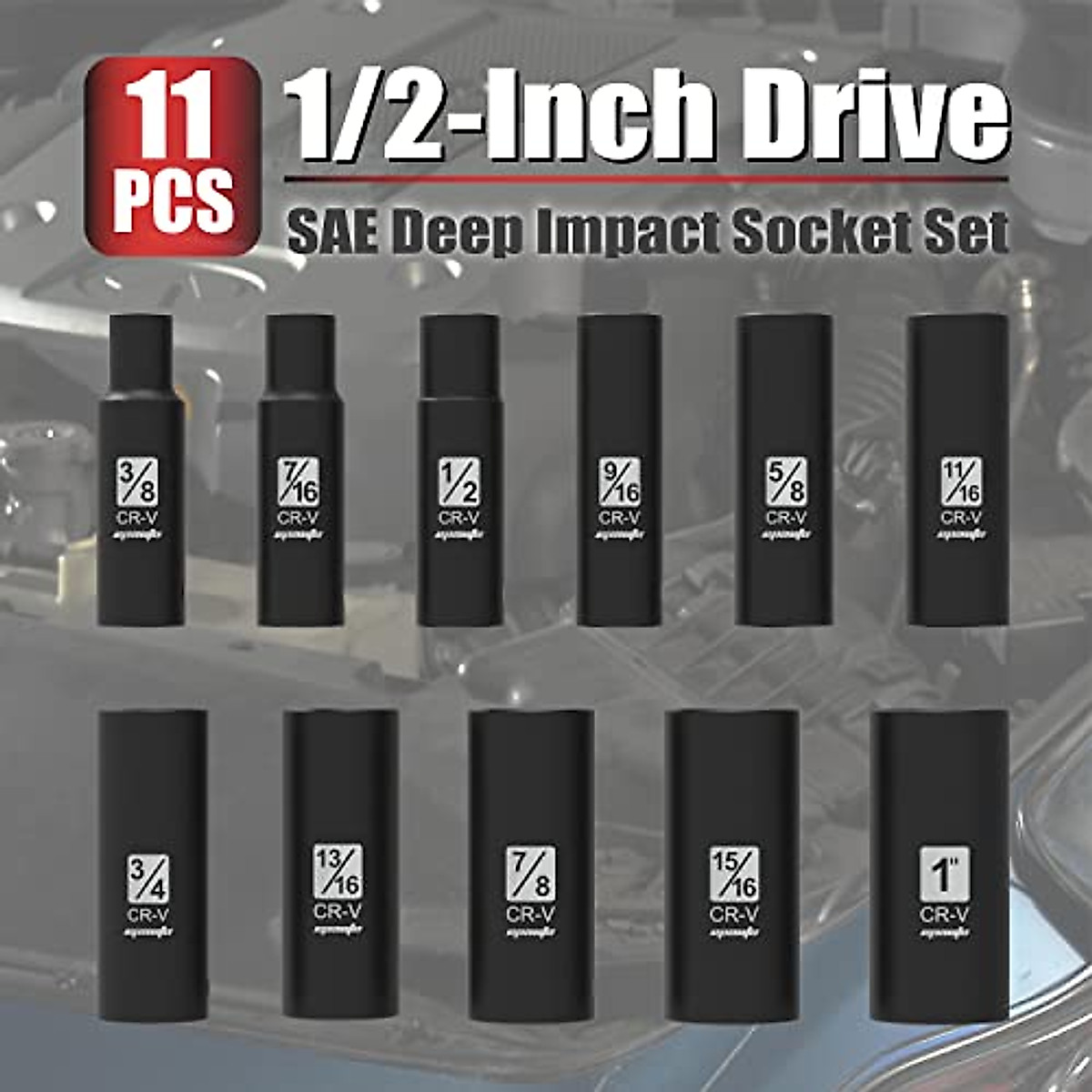 EPAuto 1/2-Inch Drive SAE Deep Impact Socket Set, Cr-V, 6 Points, 11 Sockets