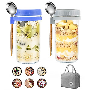 Overnight Oats Containers With Lids And Spoons, 2 Pack Mason Jars For Overnight Oats, 21oz Leak-Proof Glass Overnight Oats Container Breakfast Yogurt Meal Prep Container Fruit Salad Parfait Cups