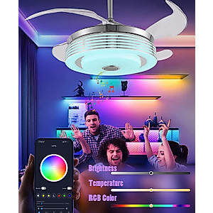 Fandian 42" Ceiling Fan with Lights Smart Bluetooth Speaker Remote Control Chandeliers, Retractable Blades, 3 Speed, Dimmable 7 Color Change Lighting for Living Room Bedroom