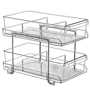 shopwithgreen 2 Tier Clear Organizers and Storage with Dividers, Pull Out Under Sink Organizer, Multi-Purpose Drawer Basket, Kitchen Bathroom Countertop Vanity, Medicine Cabinet Office Storage Bins
