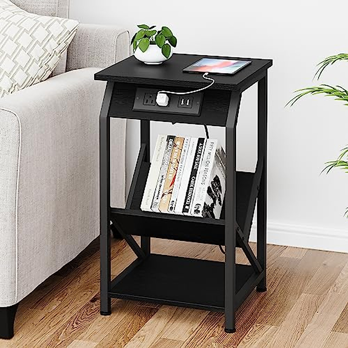 IDEALHOUSE End Table with Charging Station, Black Side Table with USB Ports and Outlet in Living Room & Bedroom, Wooden Sturdy Couch Bedside Small Bookcase