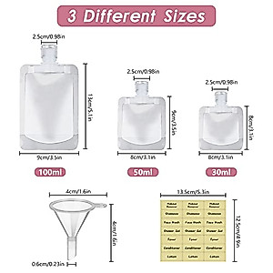 UHAPEER 60 PCS Refillable Empty Squeeze Pouches, Portable Travel Fluid Bags with Funnel and Label, 30ml/50ml/100ml Makeup Packaging Bags, Clear Leakproof Travel Container for Toiletries Lotion Shampoo