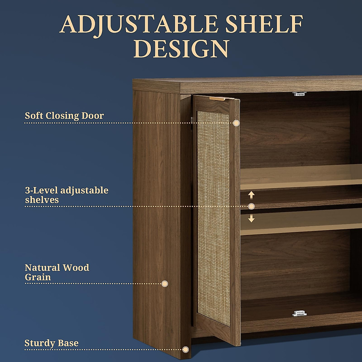 OAKHAM HOME Kitchen Storage Cabinets, Buffet Cabinet with Storage Rattan Sideboard Cabinet Organizer 3 Drawers and 2 Doors Accent Console Table for Kitchen Hallway Living Room bar (Special Walnut)