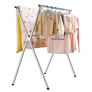 funest Clothes Drying Rack, 79 Inches Adjustable & Foldable Laundry Drying Rack, Heavy Duty Stainless Steel Drying Rack Clothing with 20 Hooks, 12 Clips, Suitable for Indoor, Outdoor and Balcony