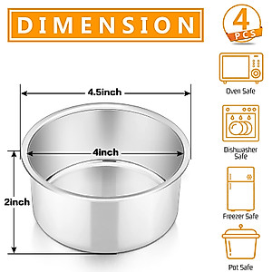 P&P CHEF Cake Pan Set of 4, Stainless Steel Baking Round Cake Pans Tins Bakeware for Birthday Wedding, Leak-proof & Easy Clean, Mirror Finish & Easy Releasing, 4 Inch