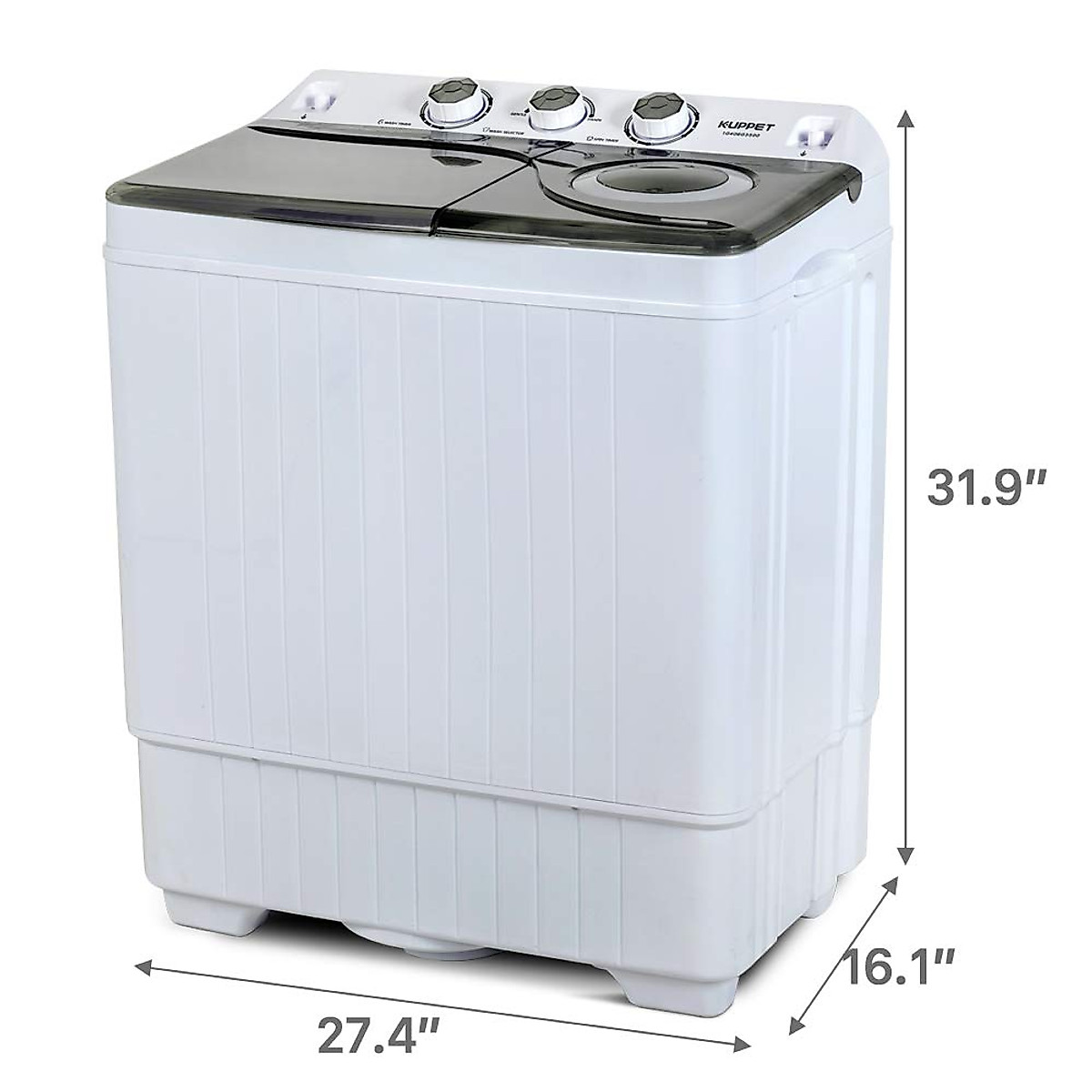 KUPPET Compact Twin Tub Portable Mini Washing Machine 26lbs Capacity, Washer(18lbs)&Spiner(8lbs)/Built-in Drain Pump/Semi-Automatic (White&Gray)