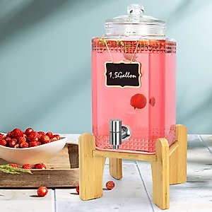 1.5 Gallon Glass Beverage Dispenser With Stand(Natual Bamboo). Water Drink Dispensers for Parties With Stainless Steel Spigot 100% Leakproof.Perfect For Parties And Daily Use.