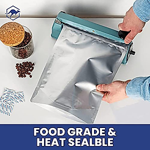 Wallaby 100 Count Mylar Bag Bundle - Multi-Size Pouches, 100x 400cc Oxygen Absorbers, 100x Labels - Heat Sealable, Food Safe & BPA-Free - Long-Term Food Storage for Preppers - Silver (Gusset)