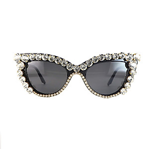 FUPRECIOUS Vintage Retro Cat Eye Sunglasses Rhinestone Crystal Sparkle For Women (black)