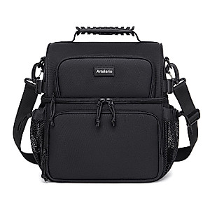 Artelaris Lunch Bag for Men Women, Dual Compartment Insulated Lunch Bag, Large Double Deck Leakproof Cooler Tote Bag with Side Pockets & Shoulder Strap Lunch Box for Picnic Work Camping Fishing