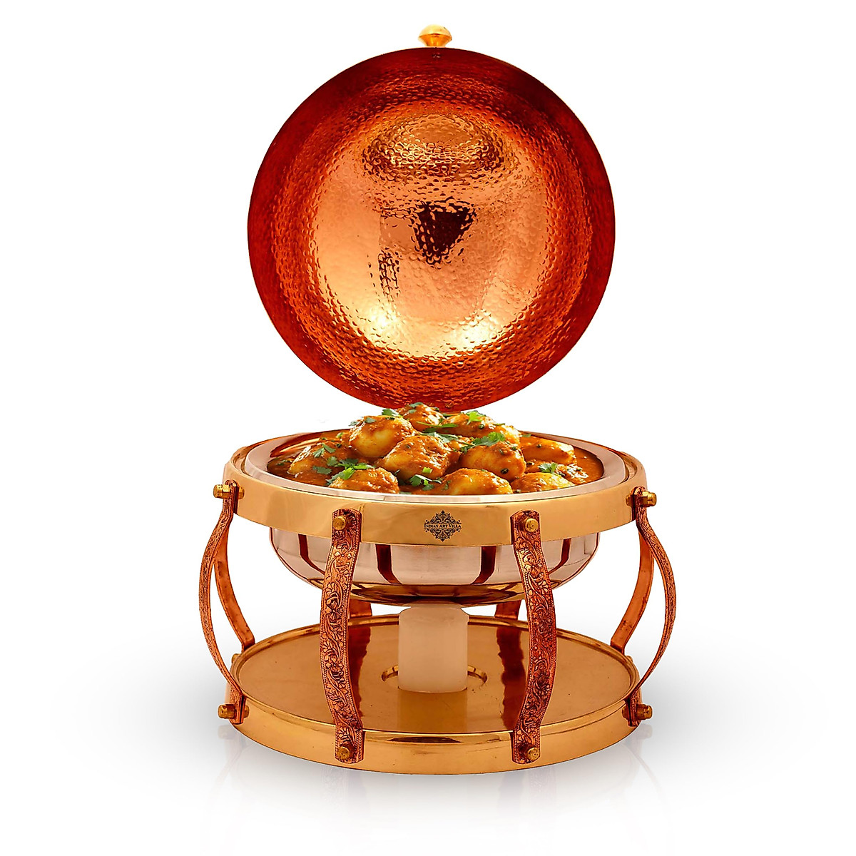 Indian Art Villa Steel Copper Chafing Dish with Designer Gel Stand, Buffet Warmer Serveware Party, 71 OZ