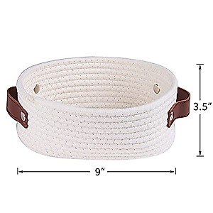 Small Woven Basket for Storage Oval Rope Coil Baskets with Handle Mini Cotton Basket Little Organizer Bins Boho Hamper Nursery Room for Kids Baby Dog Toy Gifts 7.87"x5.51"x4.33", XS White