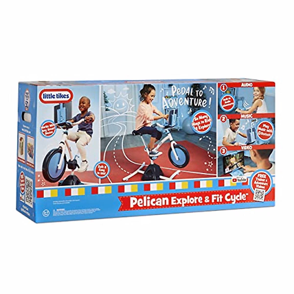 Little Tikes Pelican Explore & Fit Cycle Adjustable Play Fitness Exercise Equipment Stationary Bike with Videos and Built-in Bluetooth Speaker, For Kids Ages 3-7 Years, WHITE, BLUE