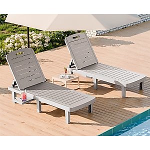 WACASA Outdoor Chaise Lounge Chairs Set of 2, Oversized Lounge Chairs with 5-Level Adjustable Backrest & Cup Holder, Resin Waterproof Pool Lounge Chairs for Poolside,Patio, Beach, Yard, Gray