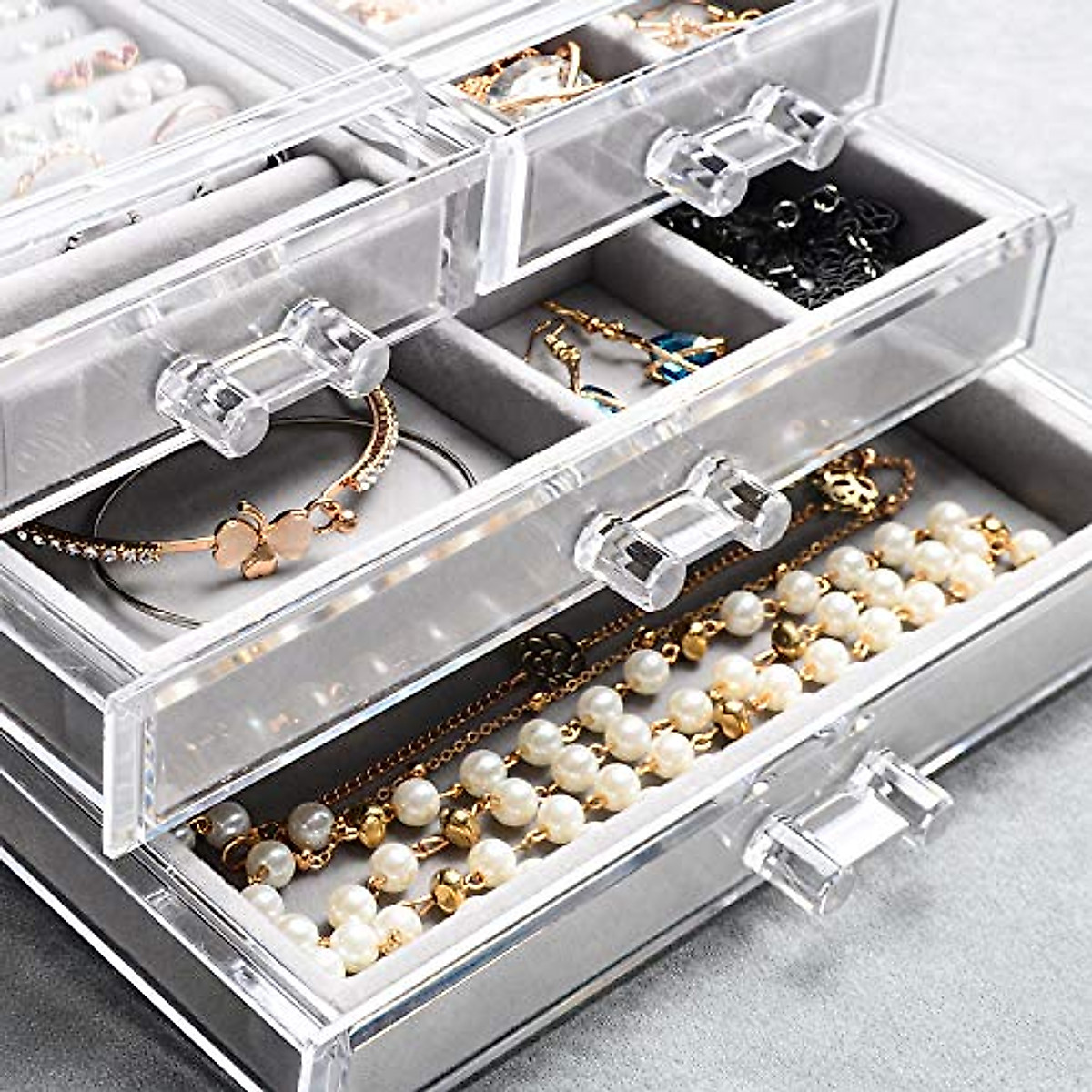 Frebeauty Acrylic Jewelry Box 4 Drawers,Clear Jewelry Organizer Velvet Rings Necklaces Earring Bracelets Display Case Stand Holder Tray for Women Girls (Gray)