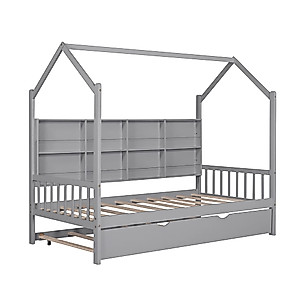 Bellemave Twin Size House Beds with Trundle and Storage Shelves, Kids Montessori Bed Wood Playhouse Tent Bed Frame for Girls Boys, Gray