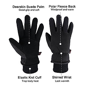 OZERO Winter Gloves Deerskin Leather Thermal Ski Glove Insulated Fleece for Snow Skiing Driving Cycling Hiking Runing Hand Warmer in Cold Weather for Men and Women Large Black