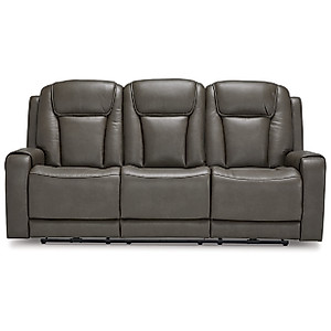 Signature Design by Ashley Card Player Contemporary Faux Leather Tufted Power Reclining Sofa with Adjustable Headrest, Gray
