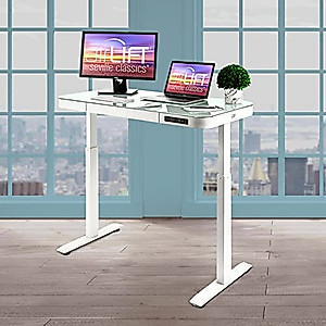 Seville Classics Airlift Electric Height Adjustable Desk with Tempered Glass Top, USB Charging Ergonomic Sit Stand Modern Home Office Workstation, 47.5" x 24" Pull Out Drawer, Artic White