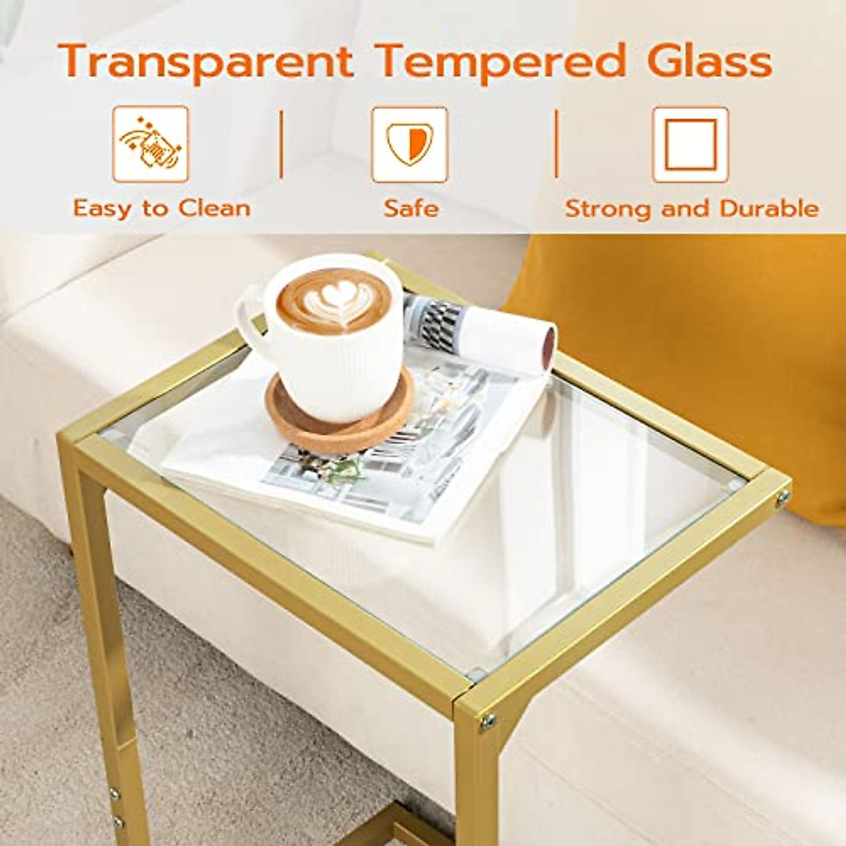 HOOBRO C-Shaped End Table, Tempered Glass Couch Table with Metal Frame, Narrow Snack Side Table for Small Space, Living Room, Bedroom, Modern and Simple, Gold GD04SF01