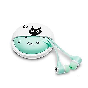 QearFun Stereo 3.5mm in Ear Cat Earphones Earbuds with Microphone with Earphone Storage Case for Smartphone MP3 iPod PC Music (Green)
