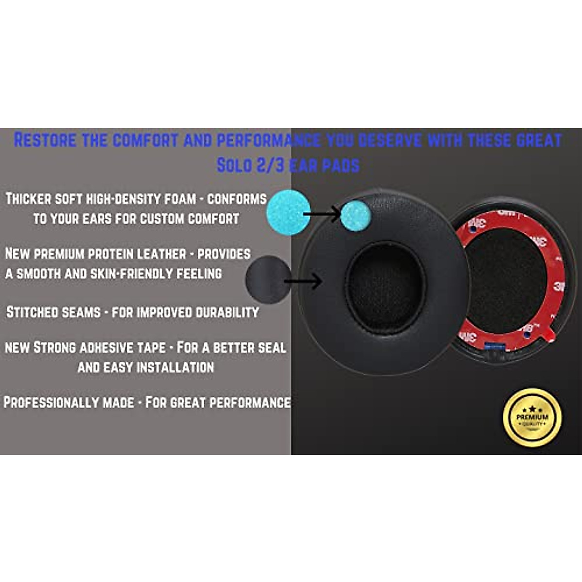 Premium Replacement Solo 3 Ear Pads/Solo 2 earpads Cushions. Compatible with Beats Solo 3 Headphones/Beats Solo 2 Headphones (Black). Premium Protein Leather | High Density Foam | Extra Thick