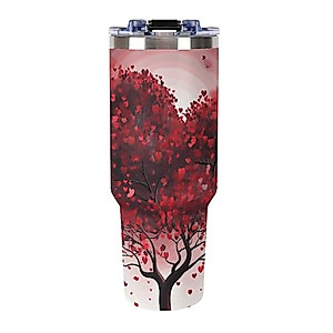 LLUTSNTH 40 Oz Vacuum Tumbler with Violet Handle Leakproof Insulated Tumbler Red Love Heart Tree Stainless Steel Travel Mug with Lid And Straw Coffee Cup Cute Water Bottles Cup Holder Friendly