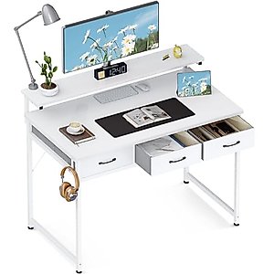 ODK 40 Inch Computer Desk with 3 Fabric Drawers, Home Office Desks with Storage, Modern Work Desk for Bedroom, Writing Study Table, Pure White