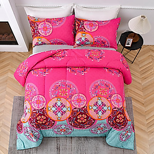 Shatex King Size Comforter (103x90 Inch) 3 Piece All Season Bedding Set Warm - Bohemian Western Pattern - Salmon Pink 1 Boho Comforter King Size with 2 Pillow Shams(20x36 Inch)