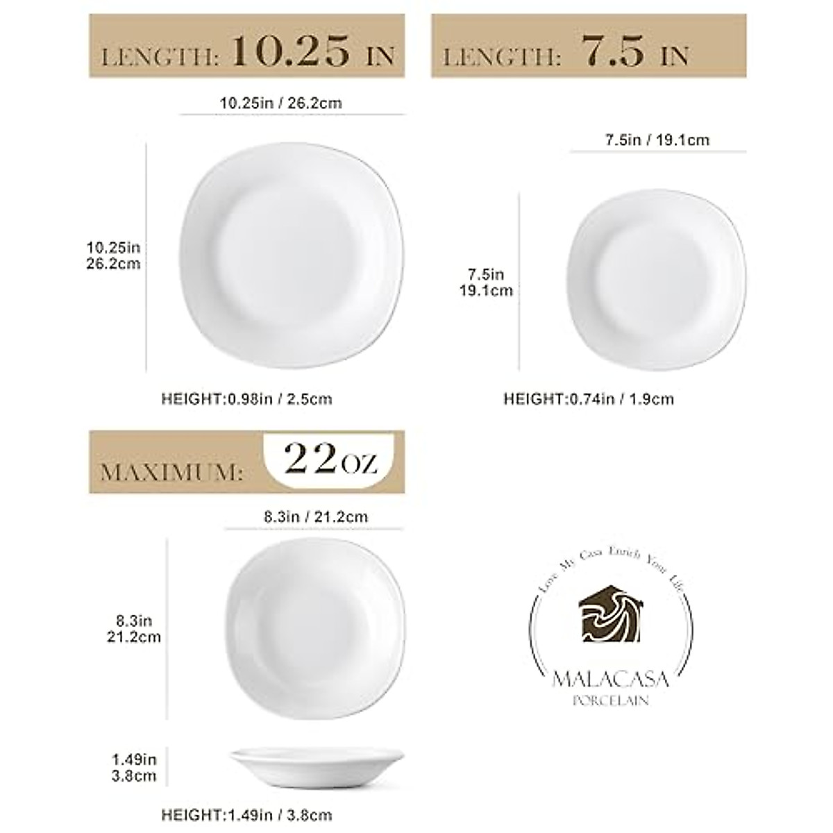 MALACASA Plates and Bowls Set for 12, Opal Glass Dinnerware Sets Chip Resistant, 36-Piece White Square Dinner Set with Plates, Dishes and Bowls, Dish Set Microwave Safe, Series Esmer