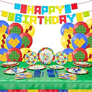 Building Block Deluxe Party Supplies Pack (137 Pieces for 16 Guests) - Brick Party Supplies, Gamer Birthday Decorations, Gamer Party Supplies , Blocks Party Decor, Brick Birthday, Blue Orchards