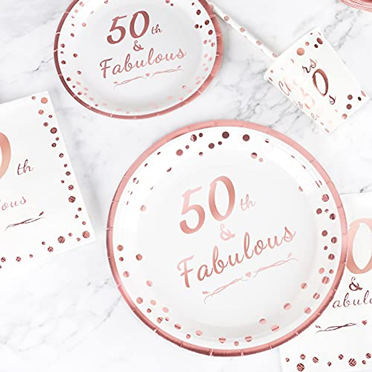 50th Birthday Rose Gold Women Party Supplies Plates Set, Disposable Paper Tableware for 24 Guests, 120pcs Include 7” and 9” Plates, 12 oz Cups, Napkins and Straws