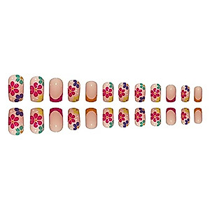 24Pcs Press on Nails Short French Fake Nails Acrylic Square Nude Pink False Nails with Flower Designs Full Cover Stick on Nails Glue on Nails for Women and Girls