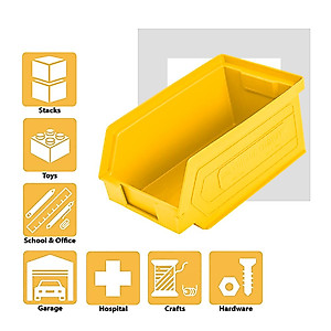 24 Pack Small Storage Bin, Wall Mount Storage, Hanging and Stacking Bin, Freestanding | 7” x 4” x 3” Plastic Container | Yellow | Zeus 1PLZ05 | StorageCompat