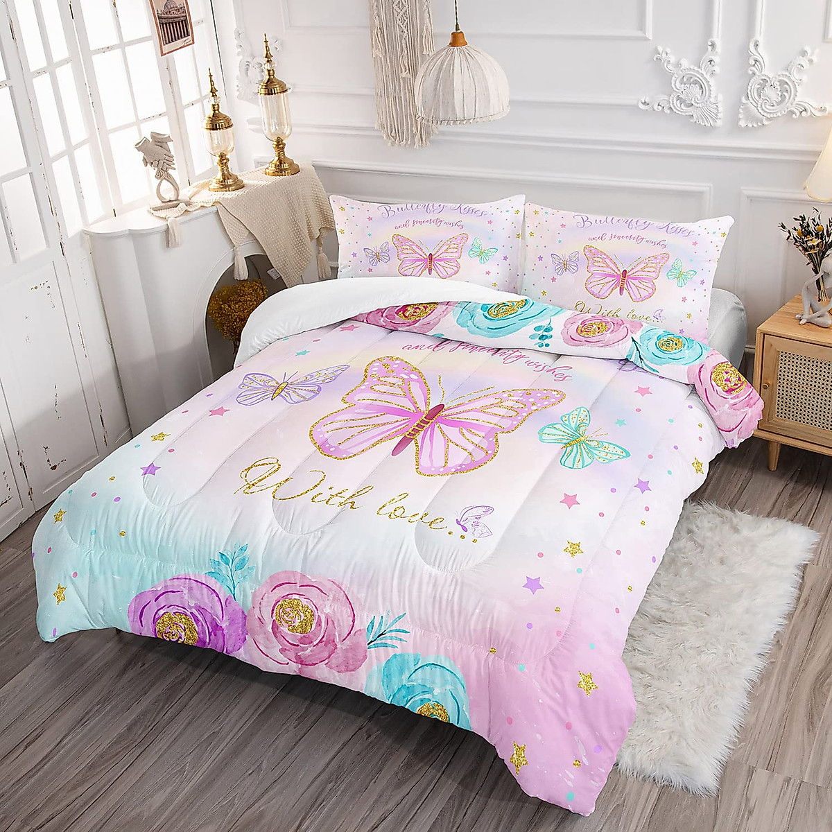 CVHOUSE Butterfly Bedding Set,Butterfly Comforter Full,Butterfly Comforter Set for Girls Kids Teens,Butterflies Quilt Set with 1 Comforter and 2 Pillow Cases- 3 Piece