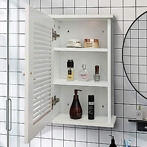 XMLYEC Wall Mounted Cabinet, Hanging Medicine Cabinet with 3 Tiers, Single Louvered Door, Floating Cupboard for Home Bathroom Bedroom, White